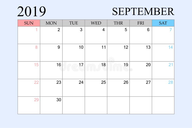 2019 Calendar, September, Schedule Planner, Organizer, Weeks Start from ...
