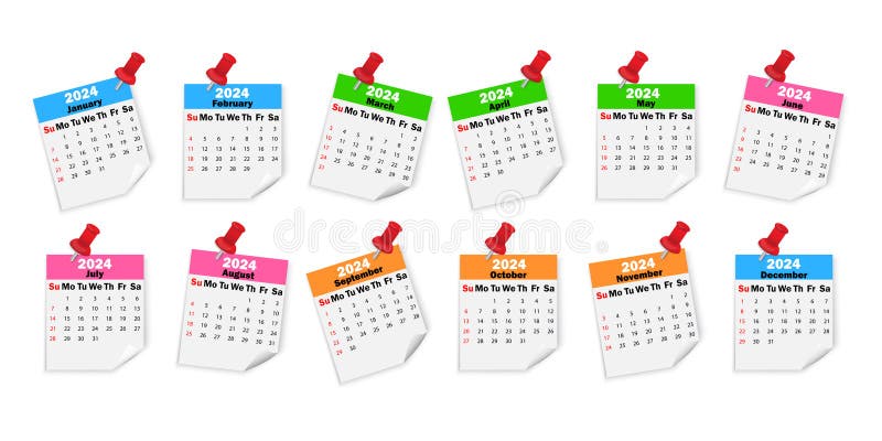 Calendar Sheets 2024 on Pins. Different Months of the Calendar. Multi ...