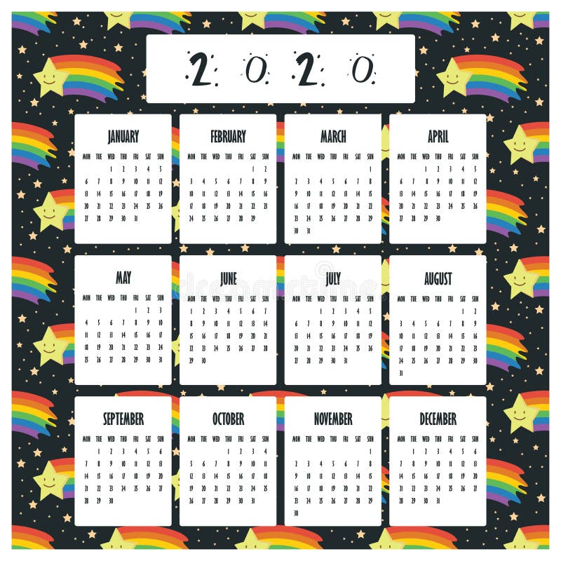 2020 Calendar with Shooting Star Theme Stock Vector - Illustration of ...