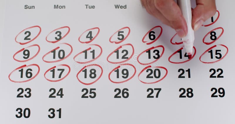 Calendar with Multiple Dates Circled in Red for Event Planning and ...