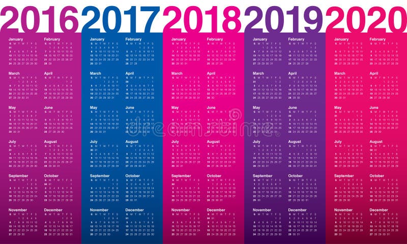 Calendar 2016 2017 2018 2019 2020 Stock Vector - Illustration of month ...