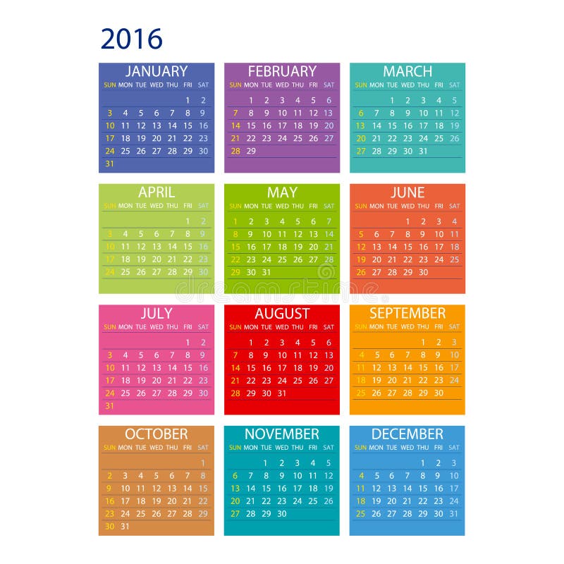 2016 Calendar Simple Design Vector Date Template Month Stock Vector ...