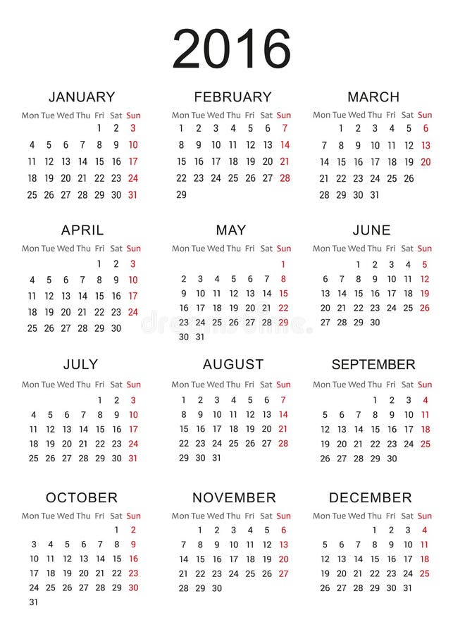 Calendar of 2016 stock vector. Illustration of date, diary - 60555096