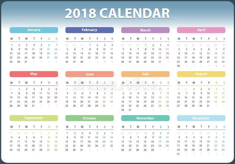 Calendar for 2018 Starts Monday, Vector Calendar Design 2018 Year Stock ...