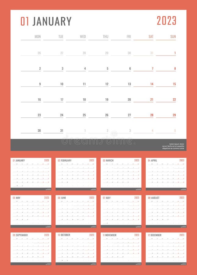 Calendar for 2023 Starts Monday, Vector Calendar Design 2023 Year Stock ...