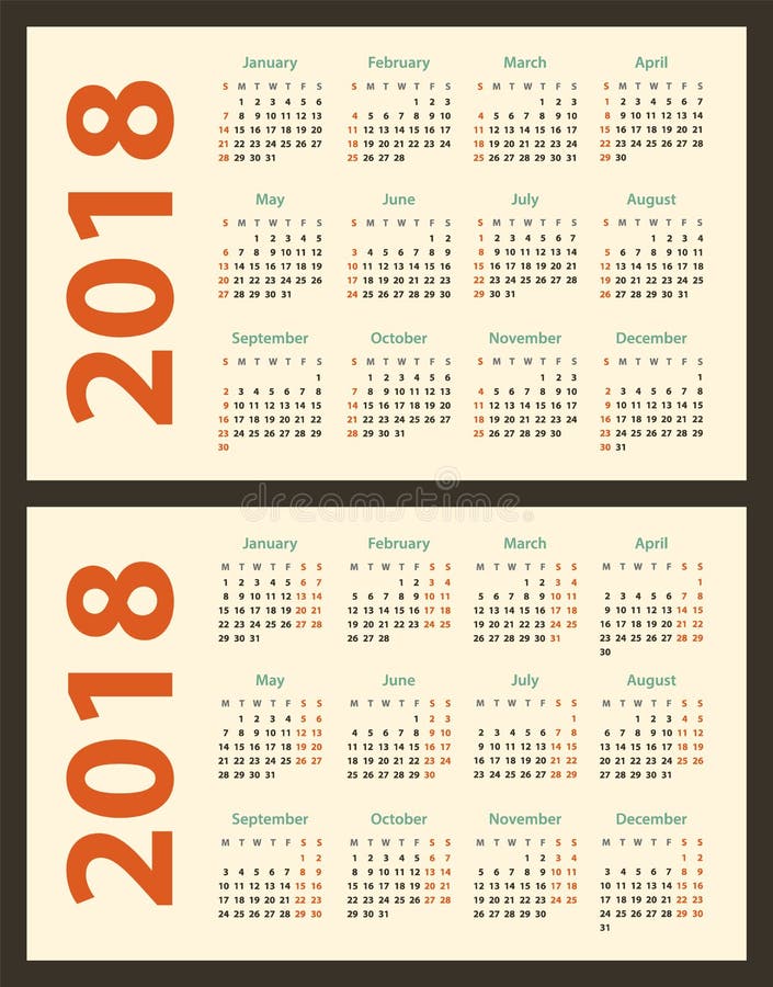 Calendar for 2018 Starts Sunday and Monday, Vector Calendar Design 2018 ...