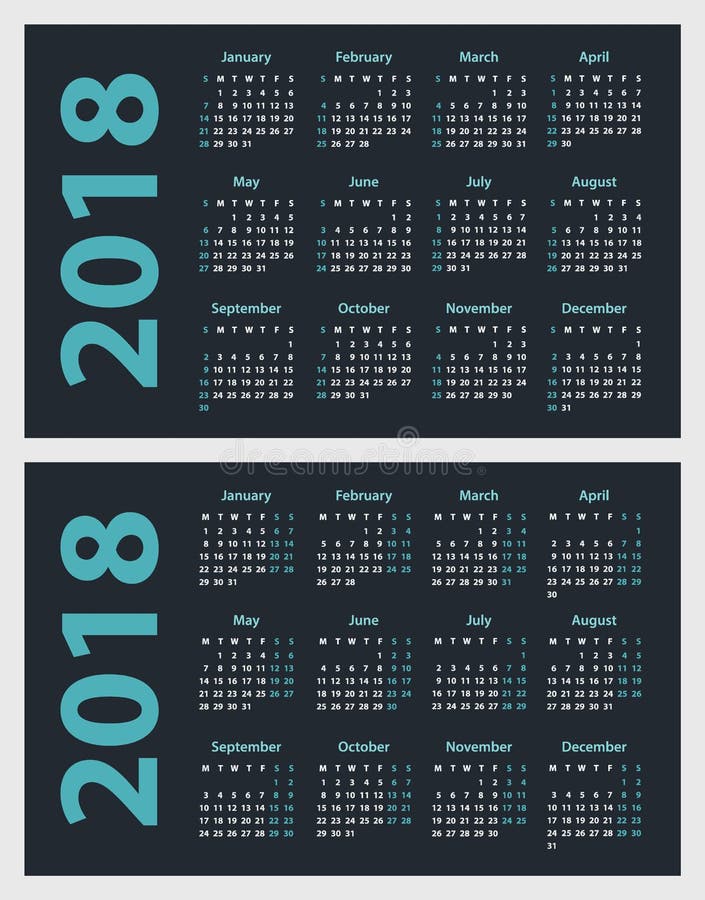 Calendar for 2018 Starts Sunday and Monday, Vector Calendar Design 2018 ...