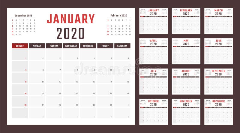 Calendar for 2020 Starts Sunday, Vector Calendar Design 2020 Year Stock ...