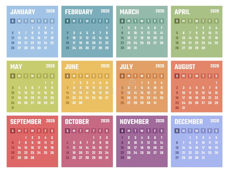Calendar for 2020 Starts Sunday, Vector Calendar Design 2020 Year Stock ...