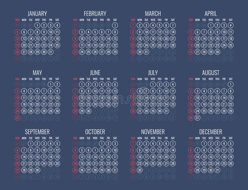 Calendar for 2020 Starts Sunday, Vector Calendar Design 2020 Year Stock ...