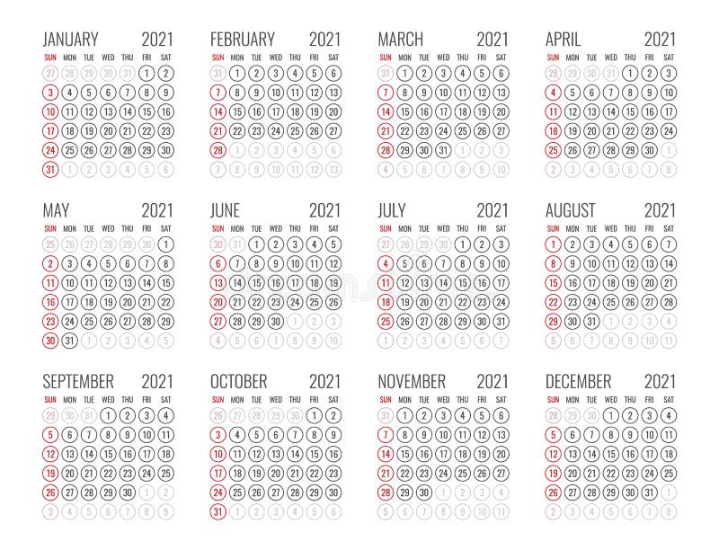 Calendar for 2021 Starts Sunday, Vector Calendar Design 2021 Year Stock ...