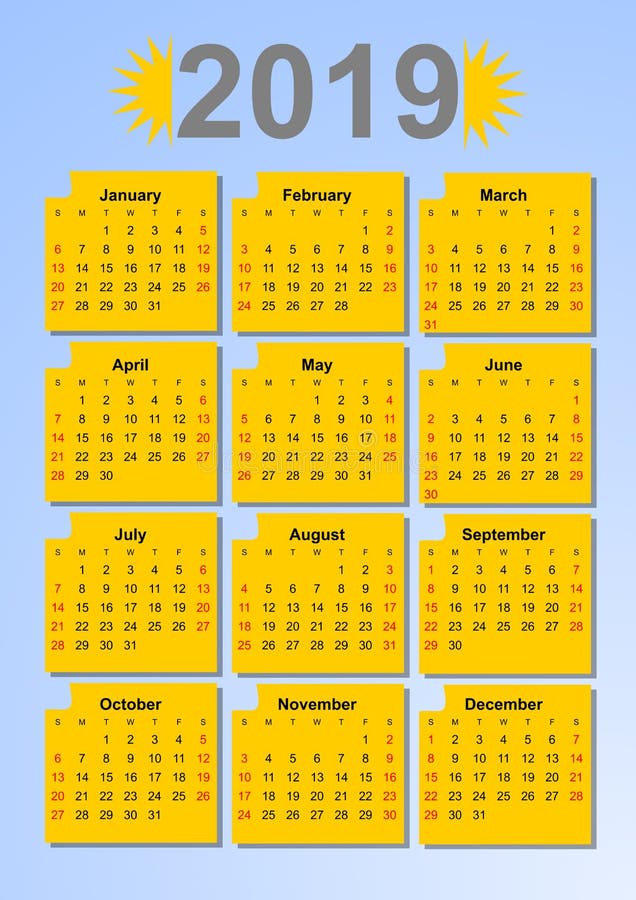 Calendar 2019 in Sun Colors, Months in Yellow Frames on Light Blue ...