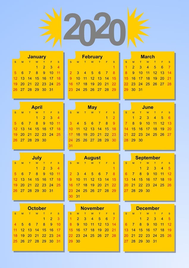 Calendar 2020 in Sun Colors, Months in Yellow Frames on Light Blue ...