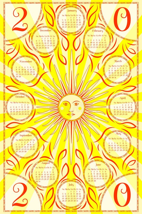 Calendar 2020 with Sun and Moon. Vertical Layout Stock Illustration ...