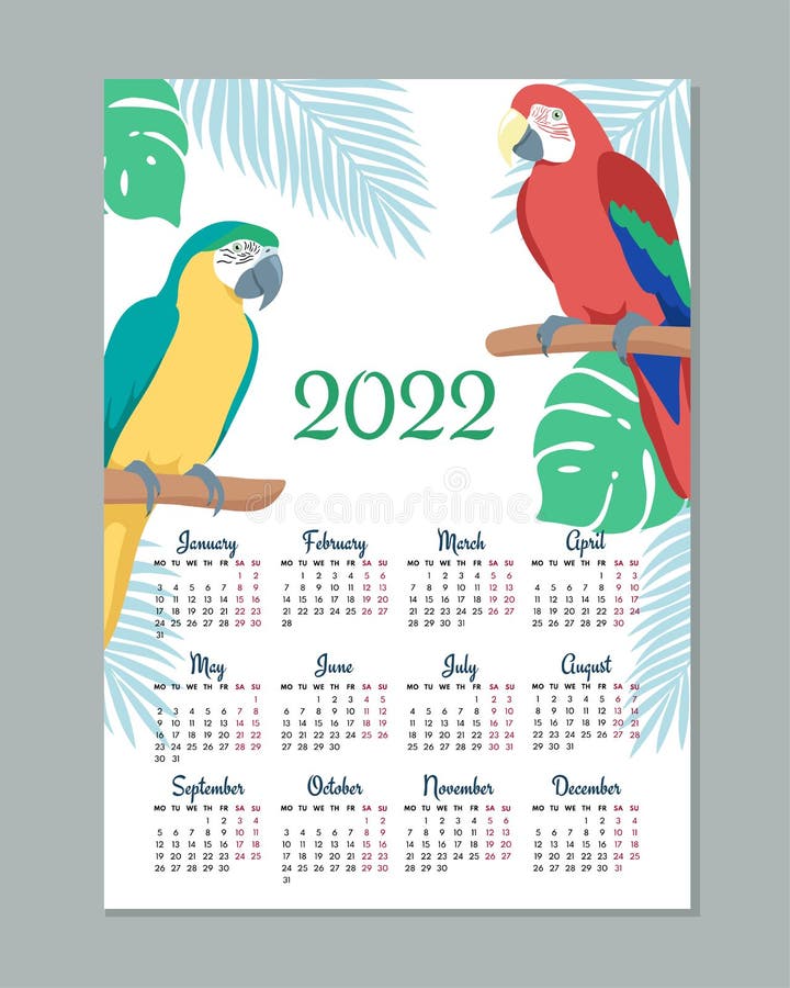 2022 Calendar Template. Calendar Concept Design with Parrot. Week ...