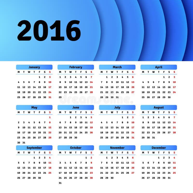 Calendar 2016 Template Design with Header Picture Stock Vector ...