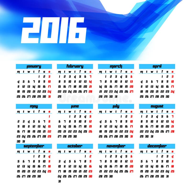 Calendar 2016 Template Design with Header Picture Stock Vector ...