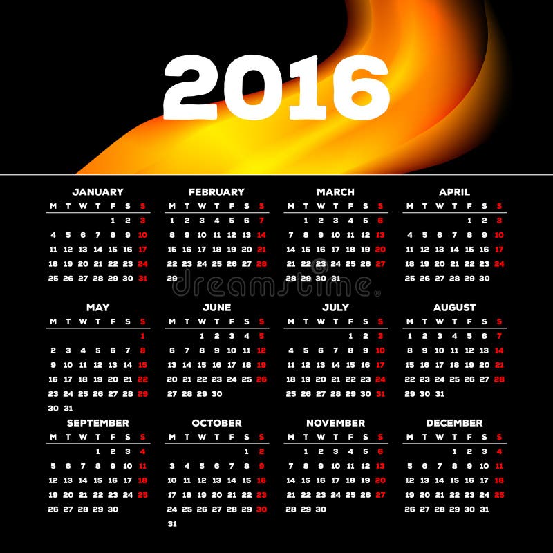 Calendar 2016 Template Design with Header Picture Starts Monday Stock ...