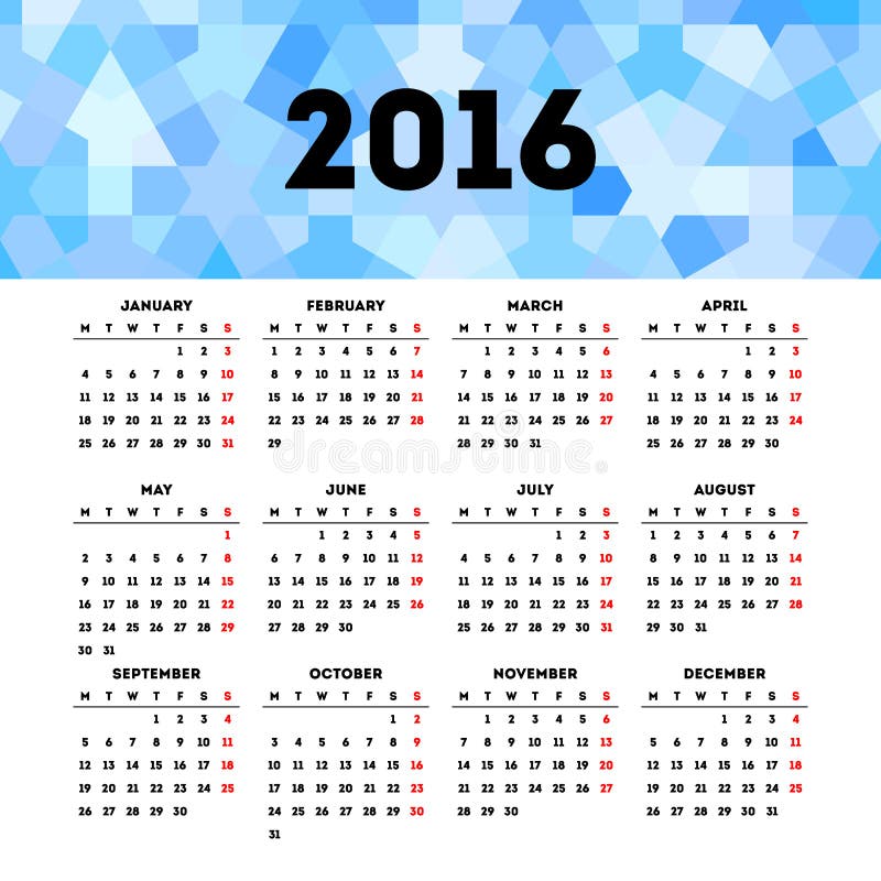 Calendar 2016 Template Design with Header Picture Starts Monday Stock ...