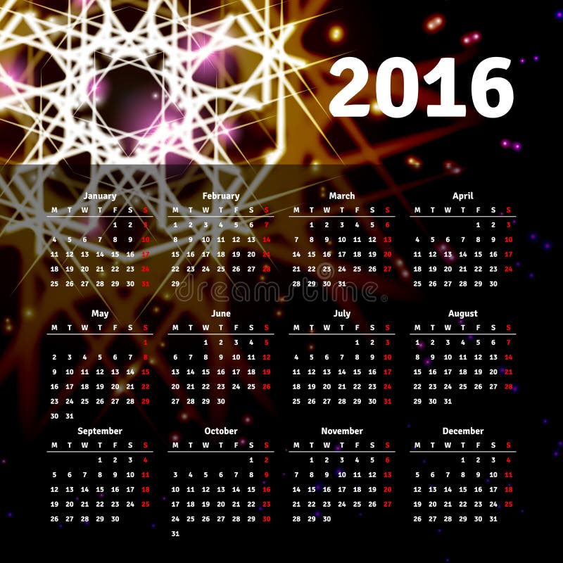 Calendar 2016 Template Design with Header Picture Starts Monday Stock ...