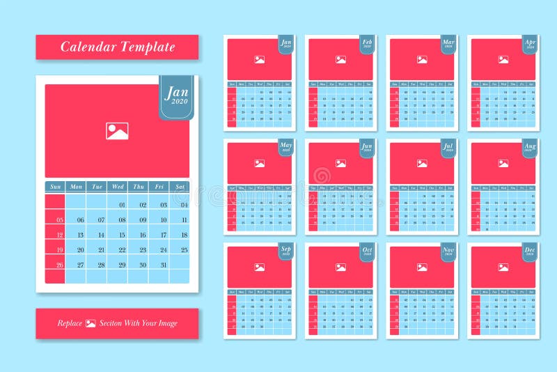 2020 Calendar Template Design Vector Set in Pastel Cute Color Style ...