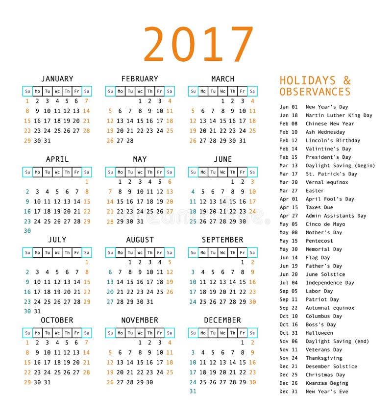 Calendar Template for 2017. Stock Illustration - Illustration of ...
