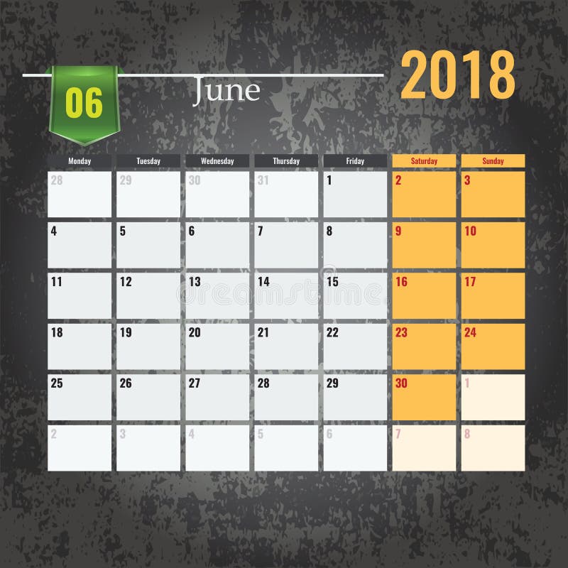 Calendar Template for 2018 June Month with Abstract Grunge Background ...