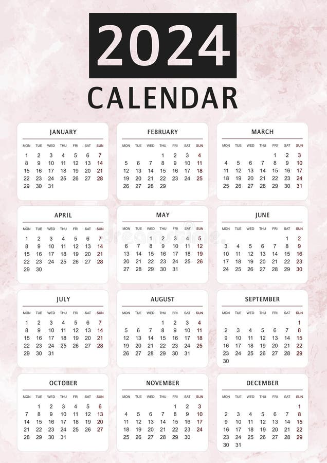 2024 Calendar Template with Pink Marble. Stock Vector - Illustration of ...