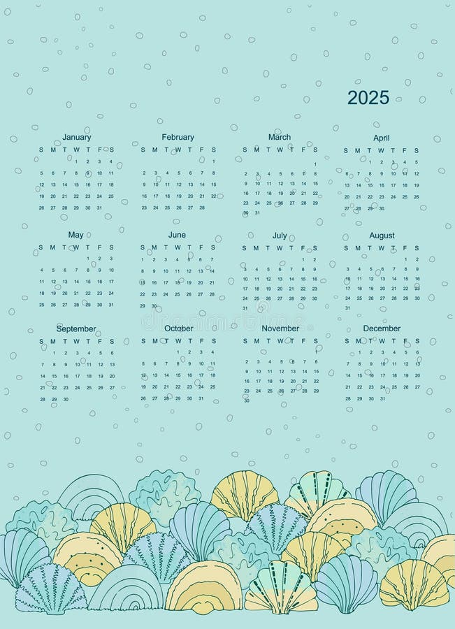 Calendar 2025 Calendar Template with Shells, Sand, Sea and Beach Stock ...
