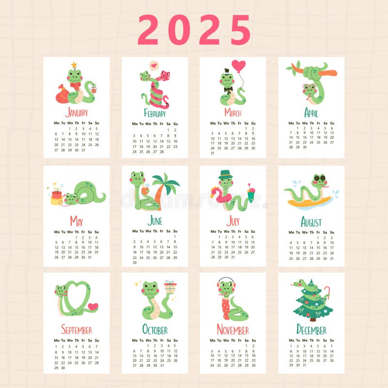 2025 Calendar Template Snake Character. Year of the Snake Stock Vector ...