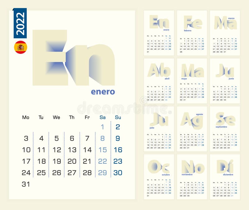 Calendar 2022 Template in Spanish Language, Minimalist Calendar Set for ...