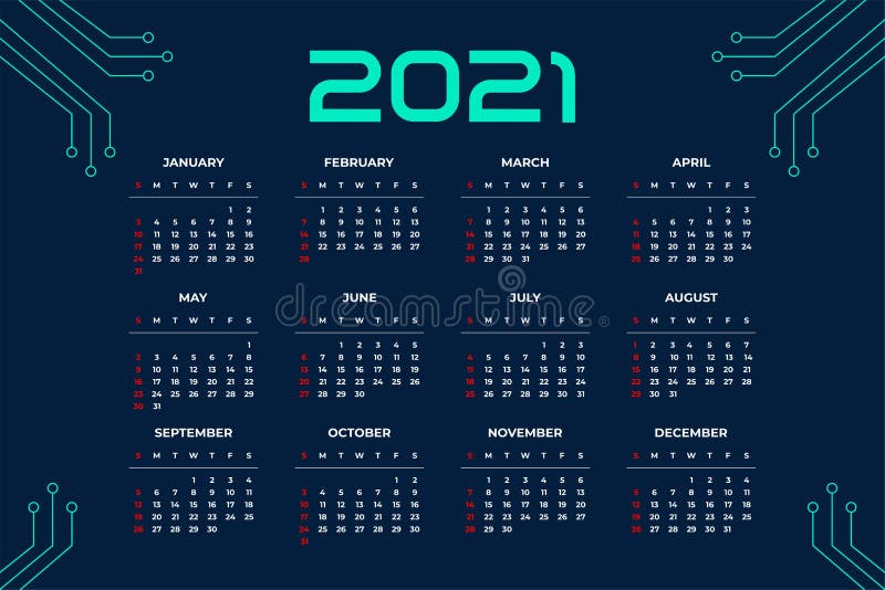 Calendar 2021 Template on a Technology Theme Stock Vector ...