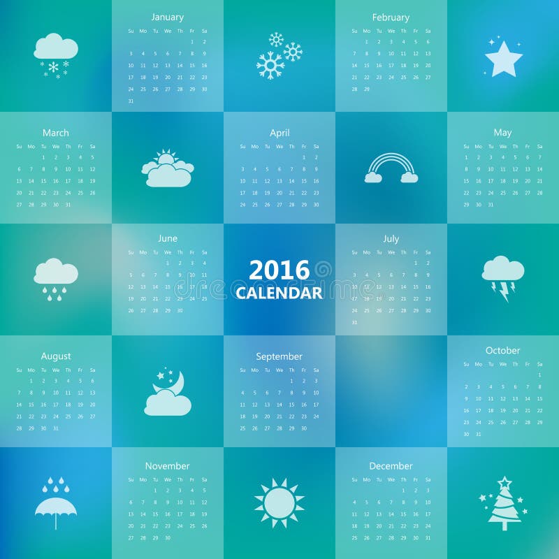 2016 Calendar Template with Weather Icon.Vector/illustration. Stock ...