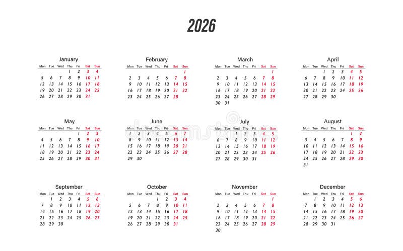 Calendar 2026 Template. Week Starts from Monday. Simple Planner Design Template, Desk Calendar ...