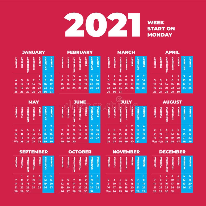 2021 Calendar Template with Weeks Start on Monday Stock Illustration ...