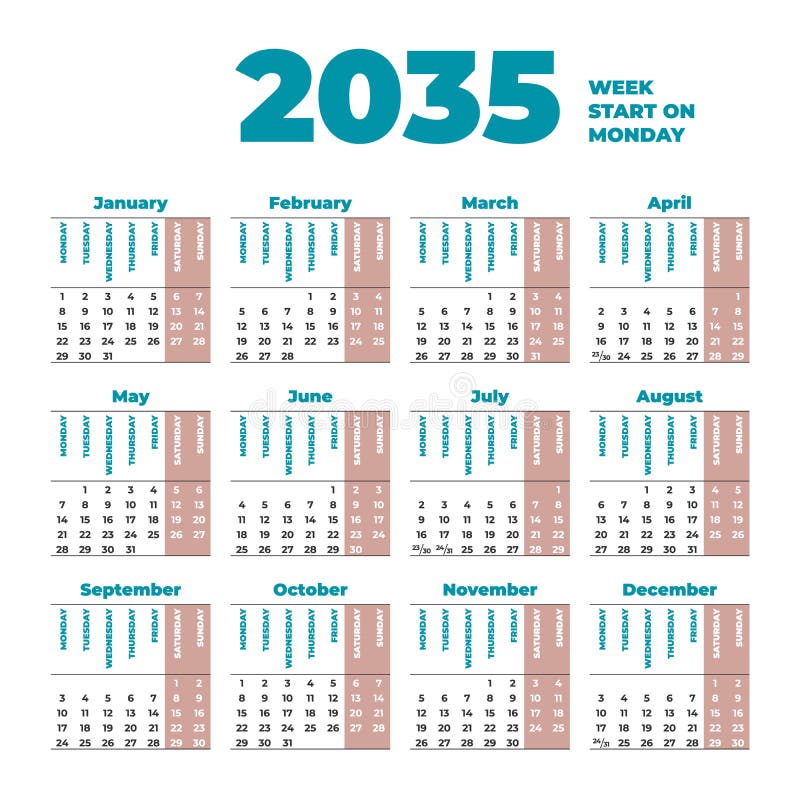 2035 Calendar Template with Weeks Start on Monday Stock Illustration ...