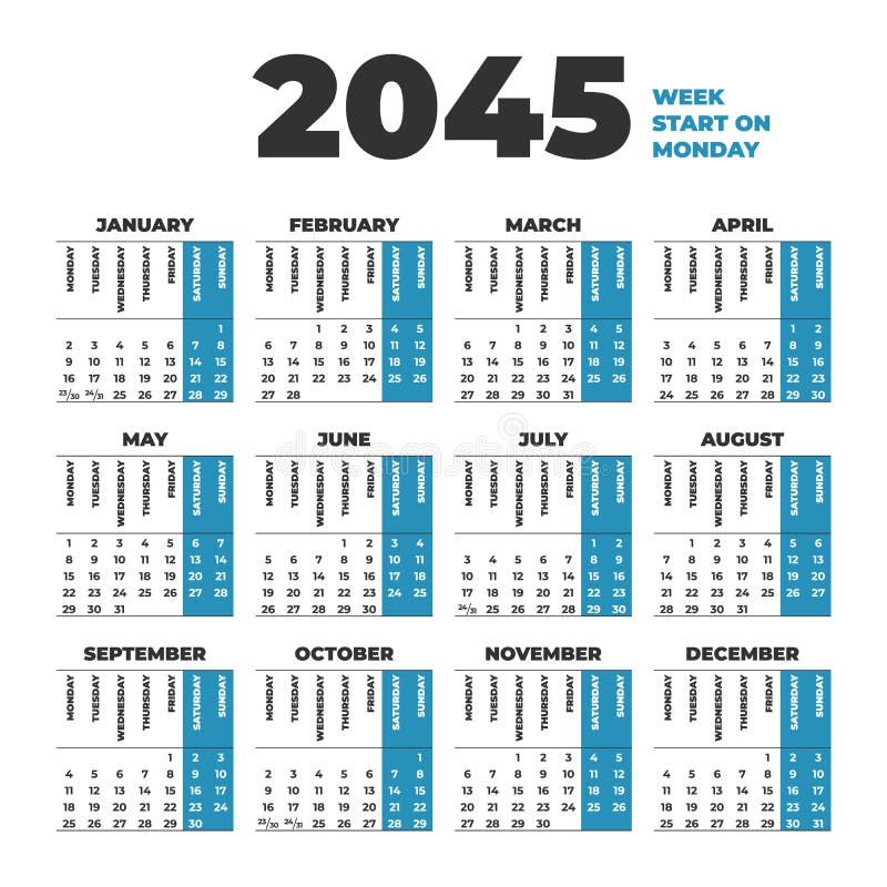 2045 Calendar Template with Weeks Start on Monday Stock Vector ...