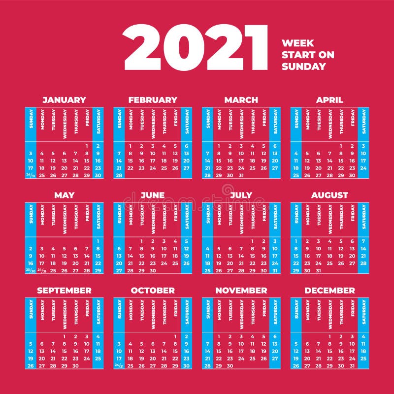 2021 Calendar Template with Weeks Start on Sunday Stock Vector ...
