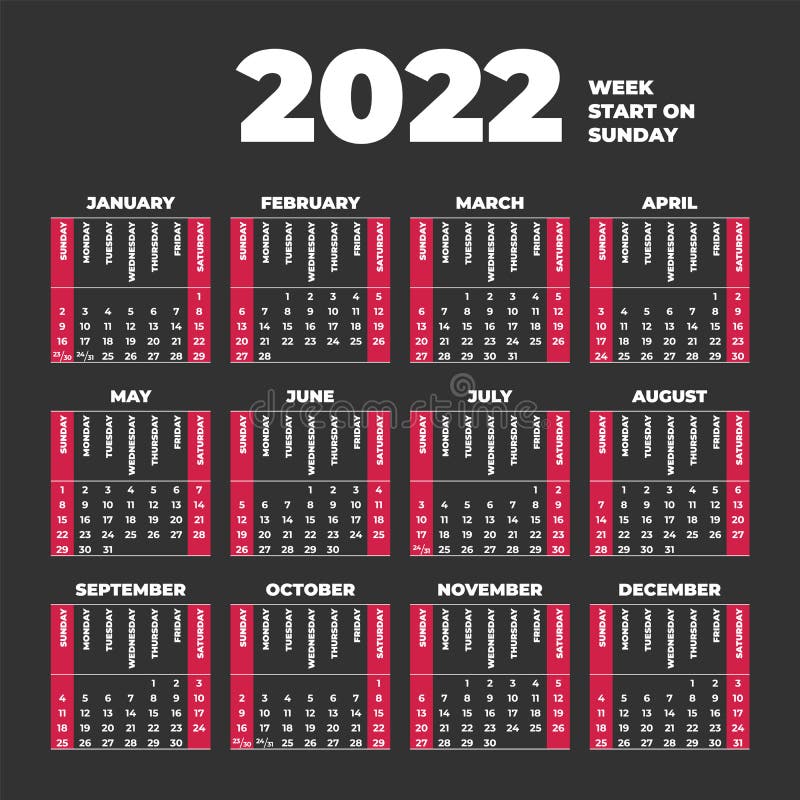 2022 Calendar with the Weeks Start on Monday Stock Vector ...