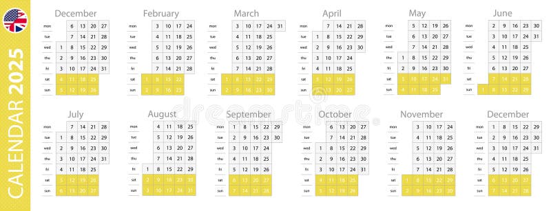 Calendar Template for 2025 Year, Vertical Grid Design Stock Vector ...