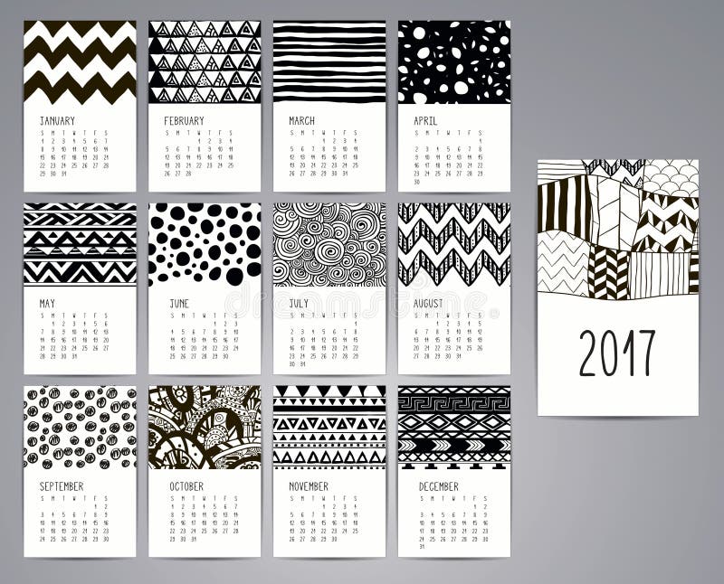 Calendar 2017. Templates with Hand Drawn Patterns Stock Vector ...