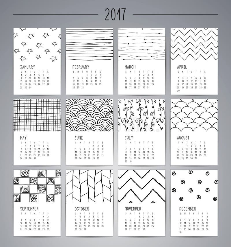 Calendar 2017. Templates with Hand Drawn Patterns Stock Vector ...