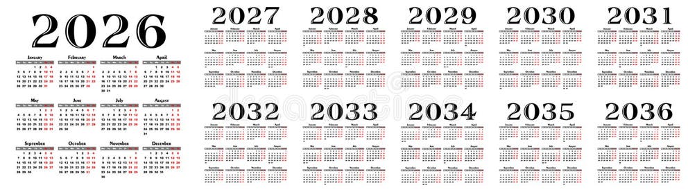 Calendar Templates for a Year 2026 - 2036. Stock Illustration ...