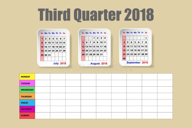 Calendar of Third Quarter of 2021 Year with Weekly Planner Table Stock ...