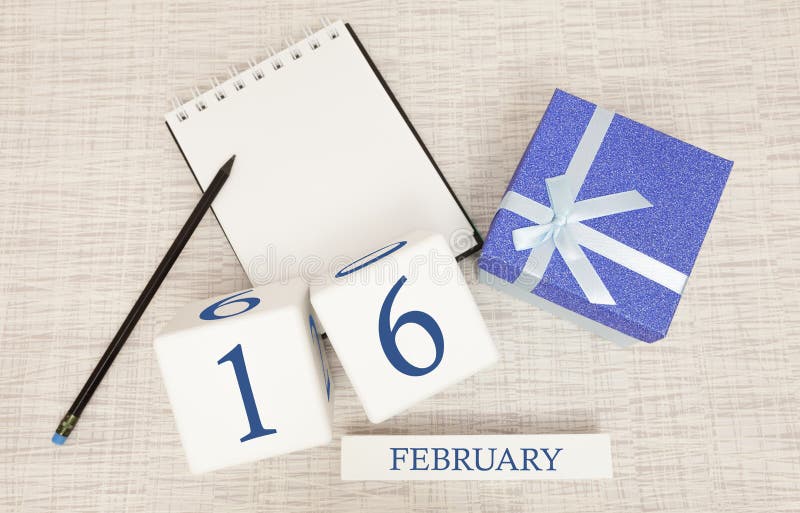 Calendar with Trendy Blue Text and Numbers for February 16 and a Gift ...