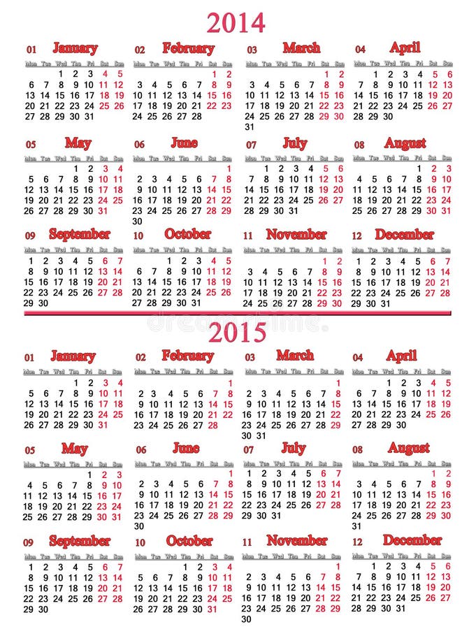Calendar for Two Years 2014 and 2015 Stock Photo - Image of june, date ...