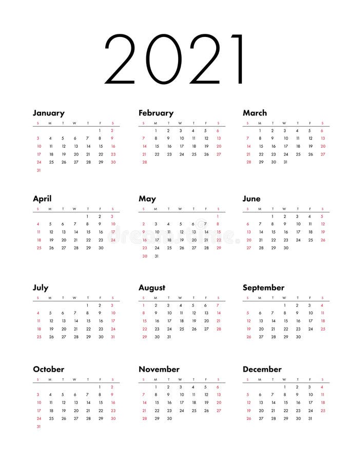 Calendar 2021, English Pocket Calender. Colorful Vector Set. Basic Grid ...