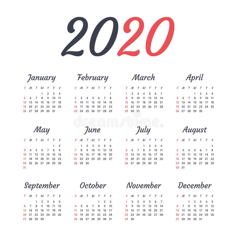 Calendar 2020 Vector Basic Grid. Simple Design Template Stock Vector ...