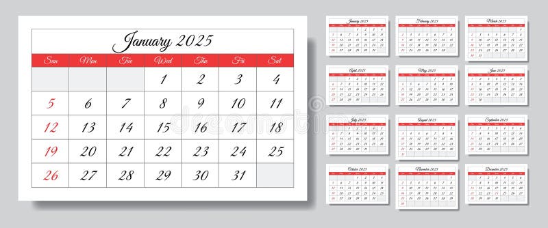 2025 Calendar. a Vector Collection of English Monthly Page Calendars ...