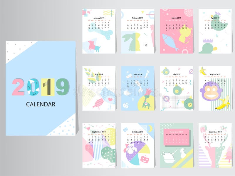 Calendar 2019 Vector Design Template with Abstract Pattern,Set of 12 ...